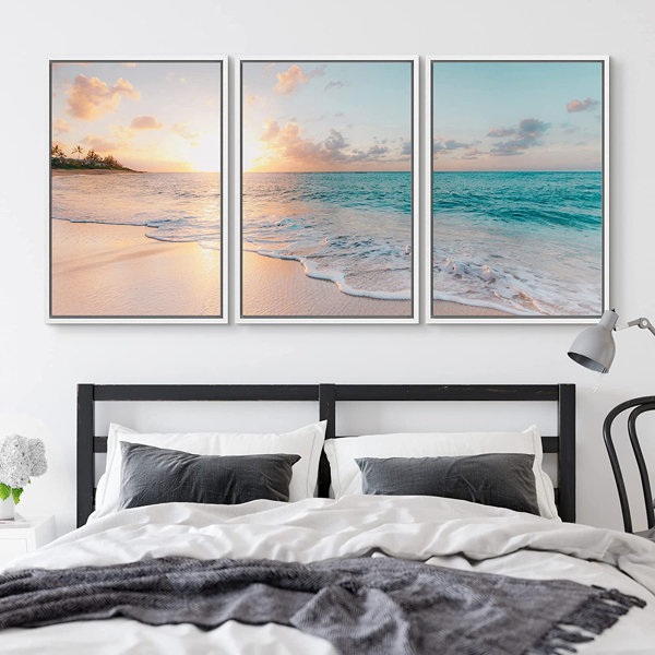 IDEA4WALL Aesthetic Sunset on Teal Ocean Coastal Beach Shore Framed Canvas 3 Pieces Print ...